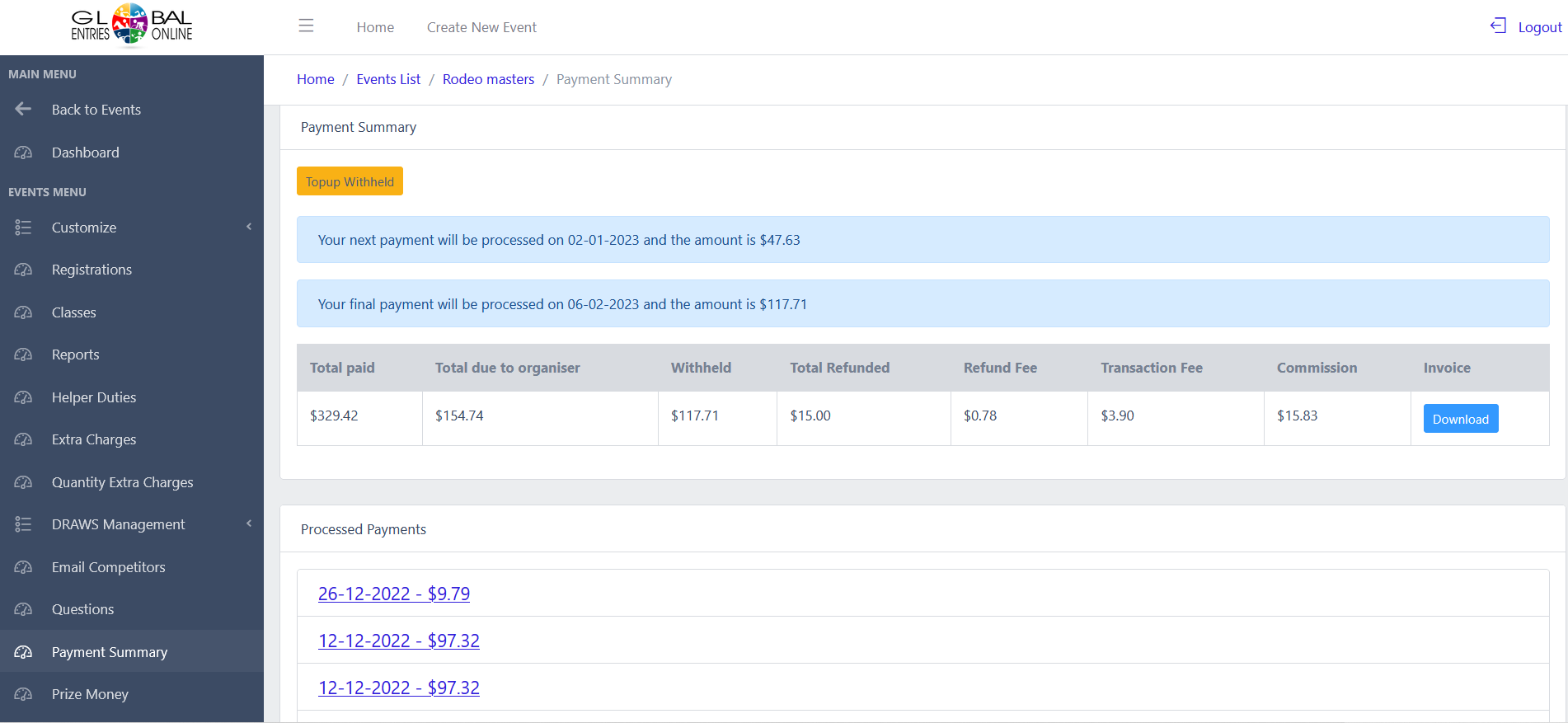 Event Organiser Payment Summary – Global Entries Online